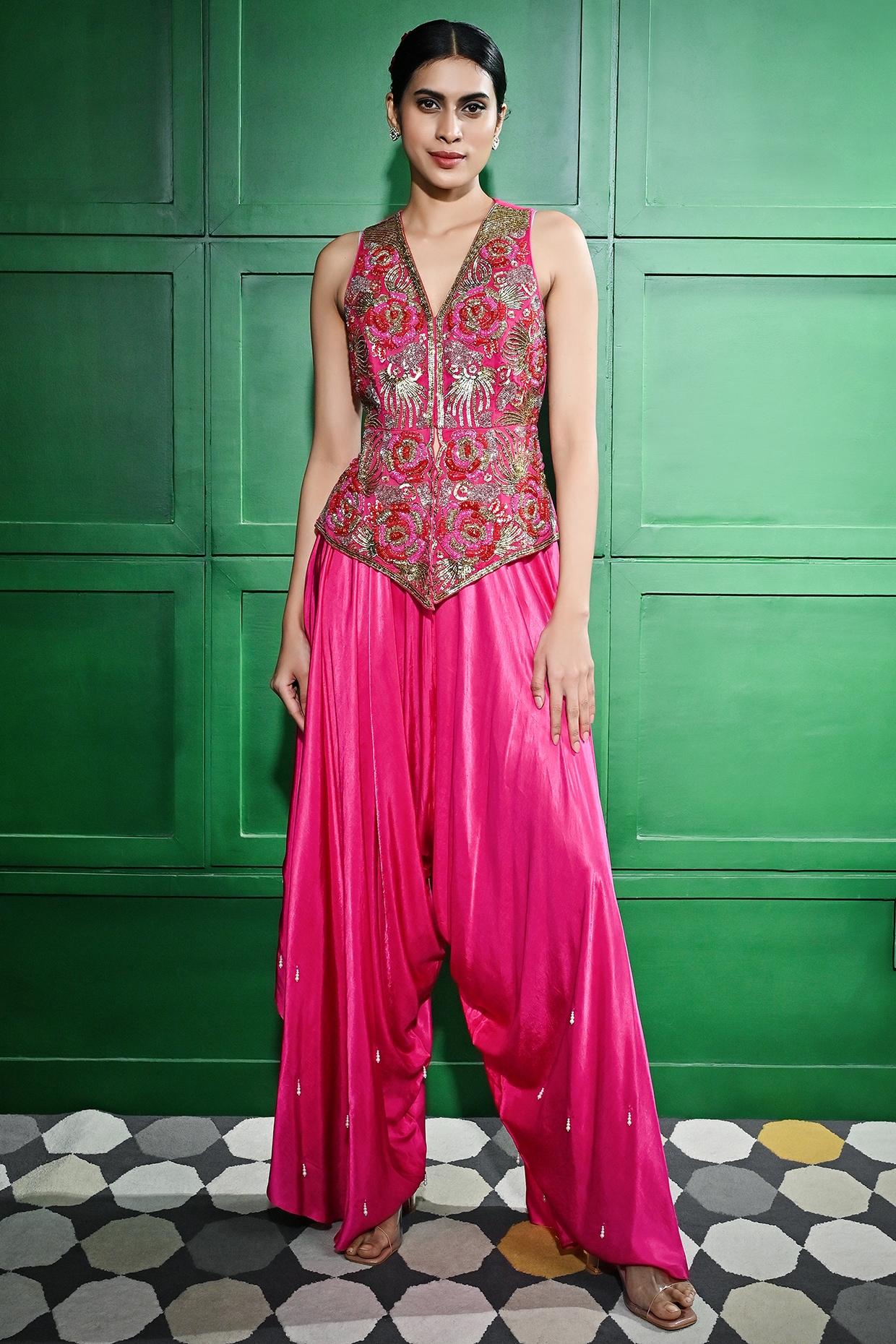 Pink Satin Draped Palazzo Pant Set by Keith Gomes at Pernia's Pop Up ...