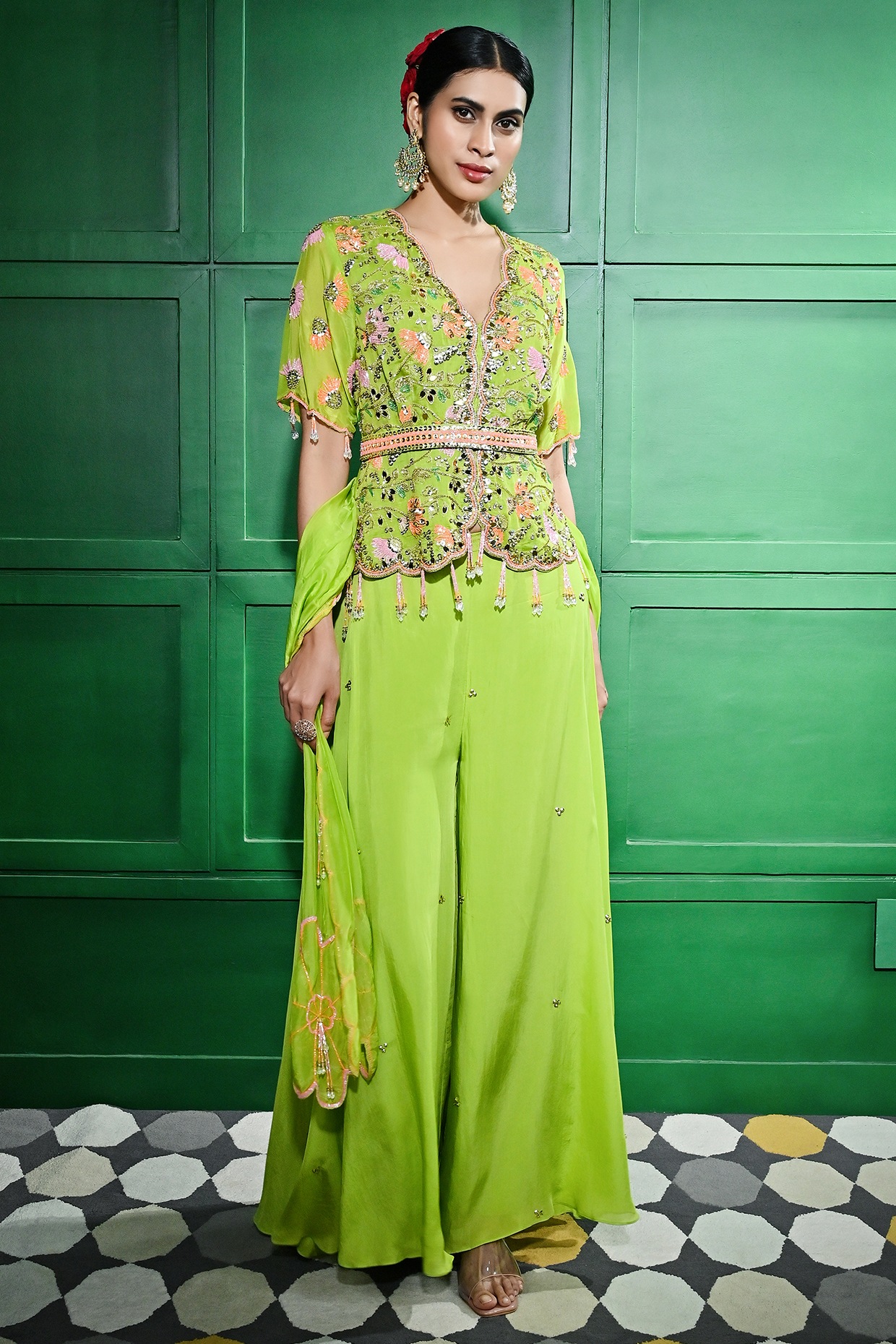 Green Silk Organza Sharara Set by Keith Gomes at Pernia's Pop Up Shop 2025