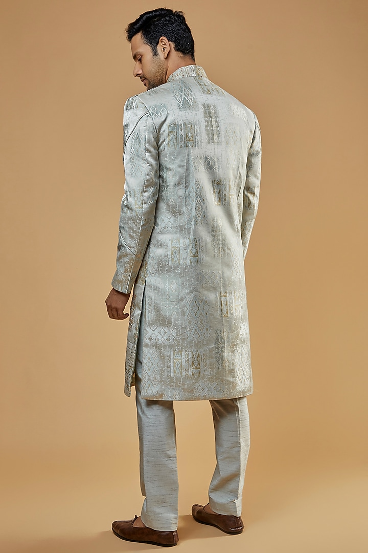 Buy Kudrat Couture Silver Jacquard & Silk Embroidered Sherwani Set at ...