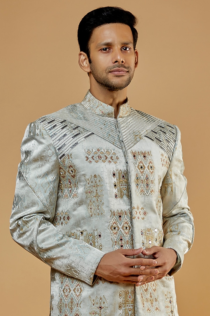 Buy Kudrat Couture Silver Jacquard & Silk Embroidered Sherwani Set at ...