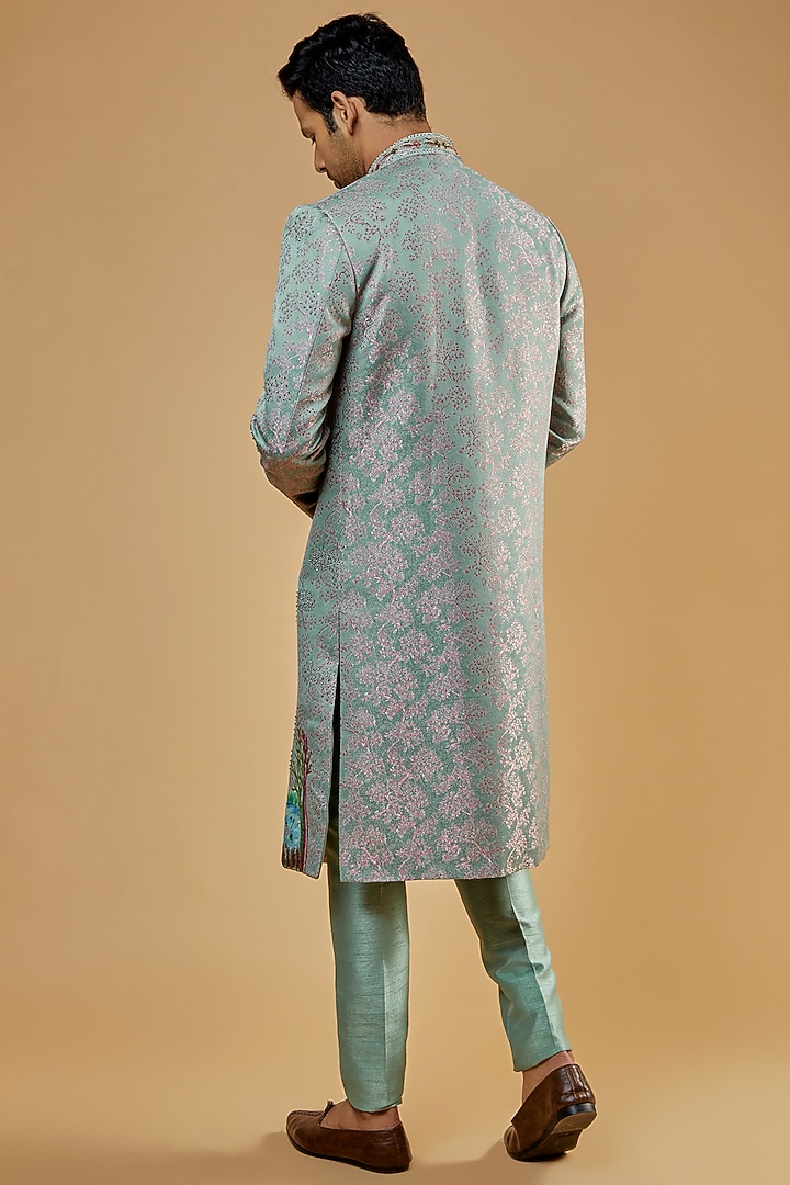 Teal Jacquard & Silk Embroidered Sherwani Set Design by Kudrat Couture ...