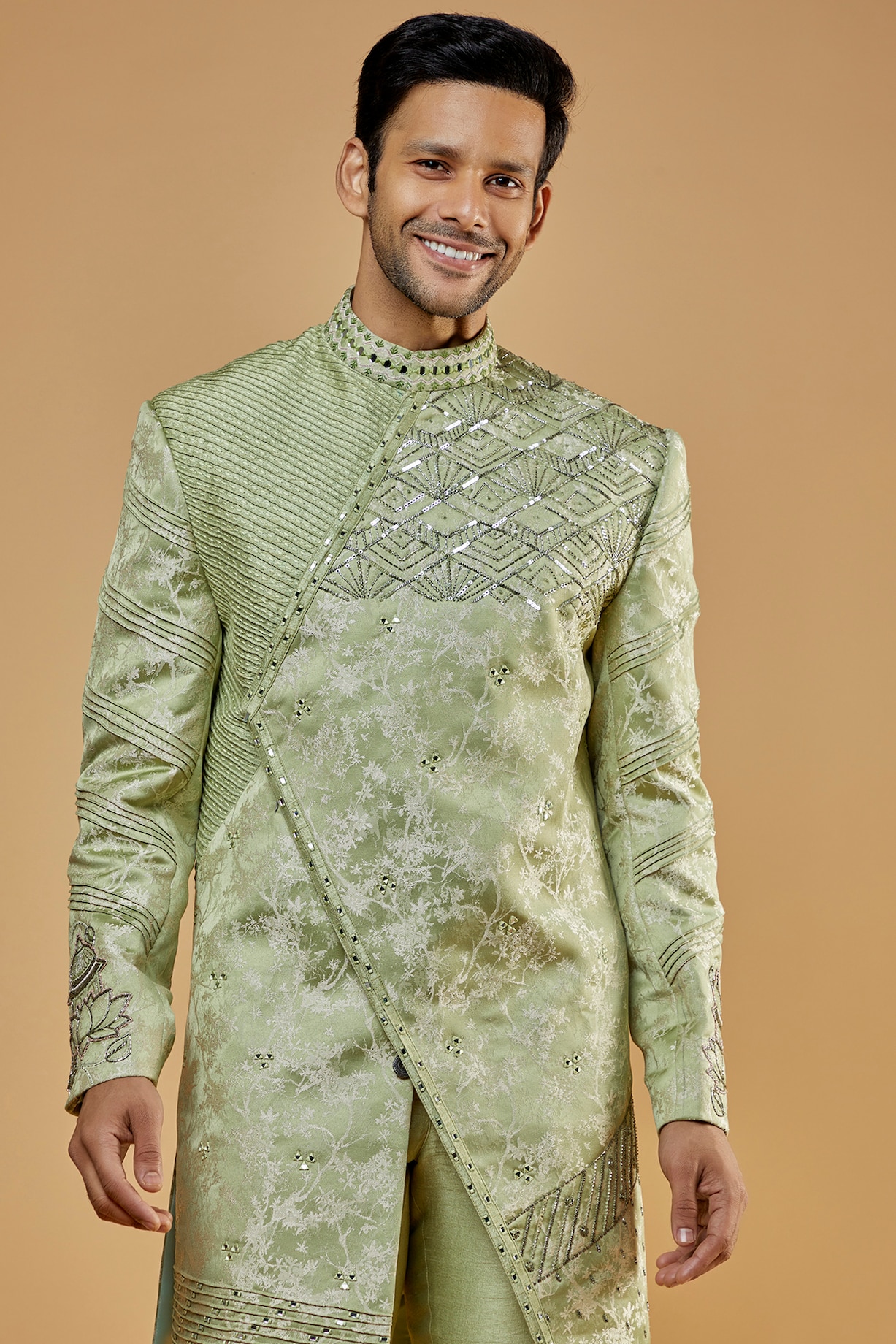 Buy Kudrat Couture Mint Green Jacquard & Silk Embroidered Sherwani Set at Pernia'sPopUpShopMen 2024
