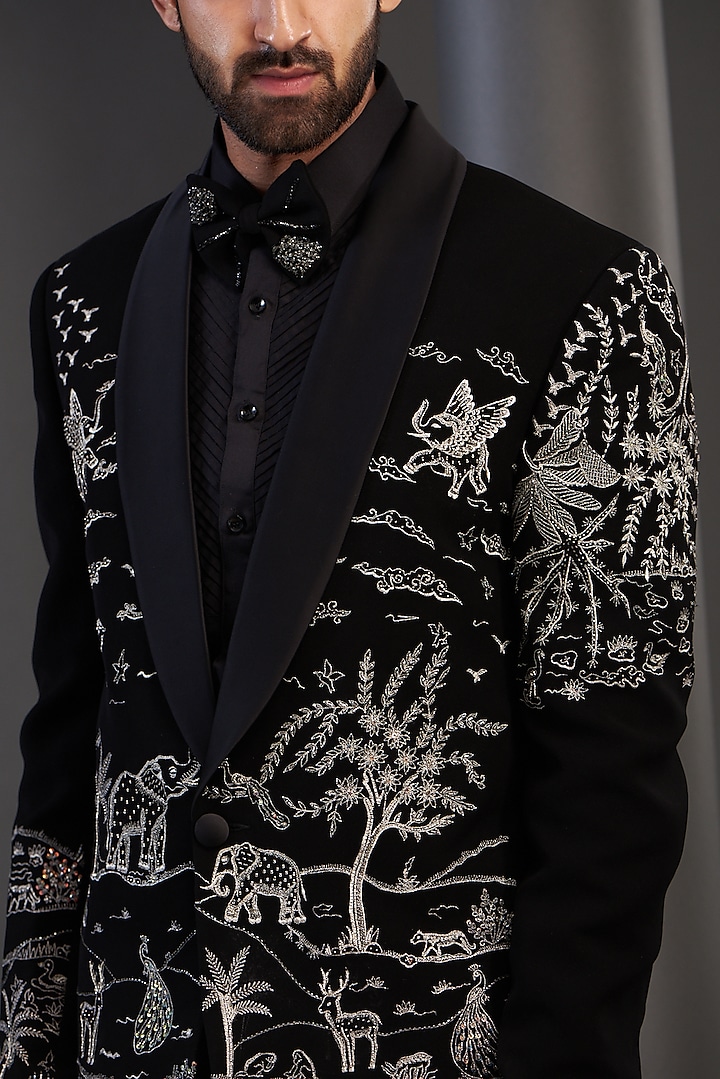 Black Imported Italian Fabric Hand Embroidered Tuxedo Set by Kudrat ...