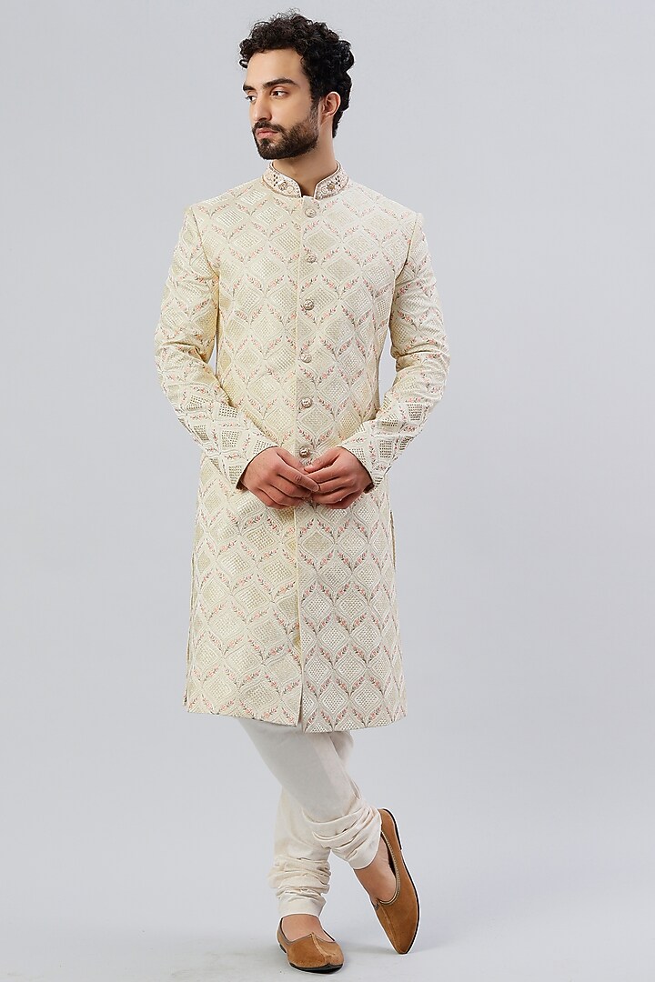 Off-White Hand Embroidered Sherwani Set by Kudrat Couture at Pernia's ...