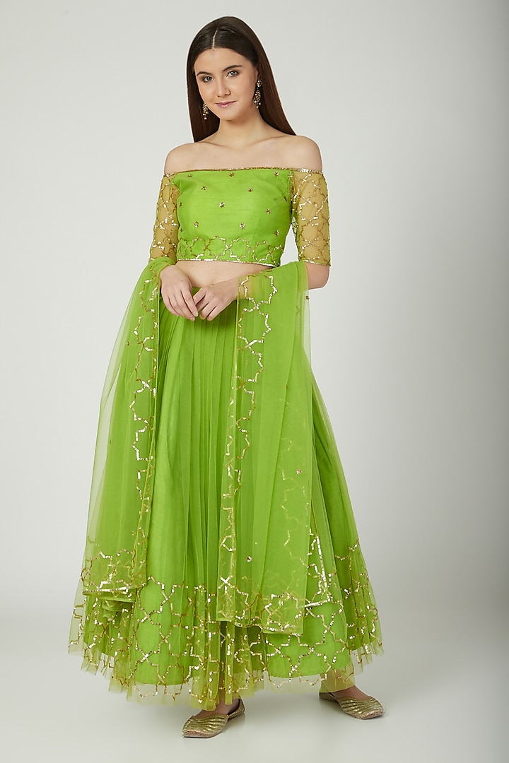 Lime Green Hand Embroidered Lehenga Set Design by Kudi Pataka Designs ...