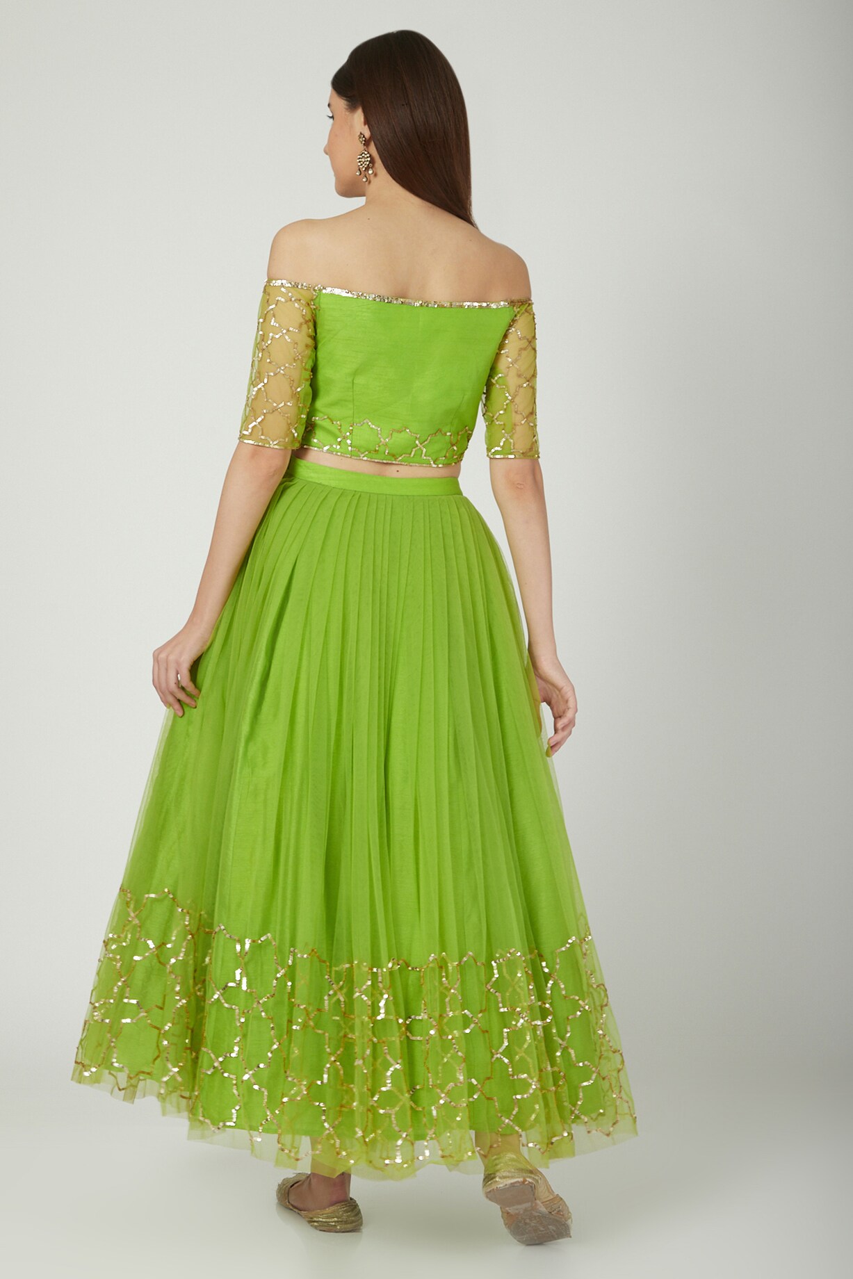Lime Green Hand Embroidered Lehenga Set Design by Kudi Pataka Designs ...