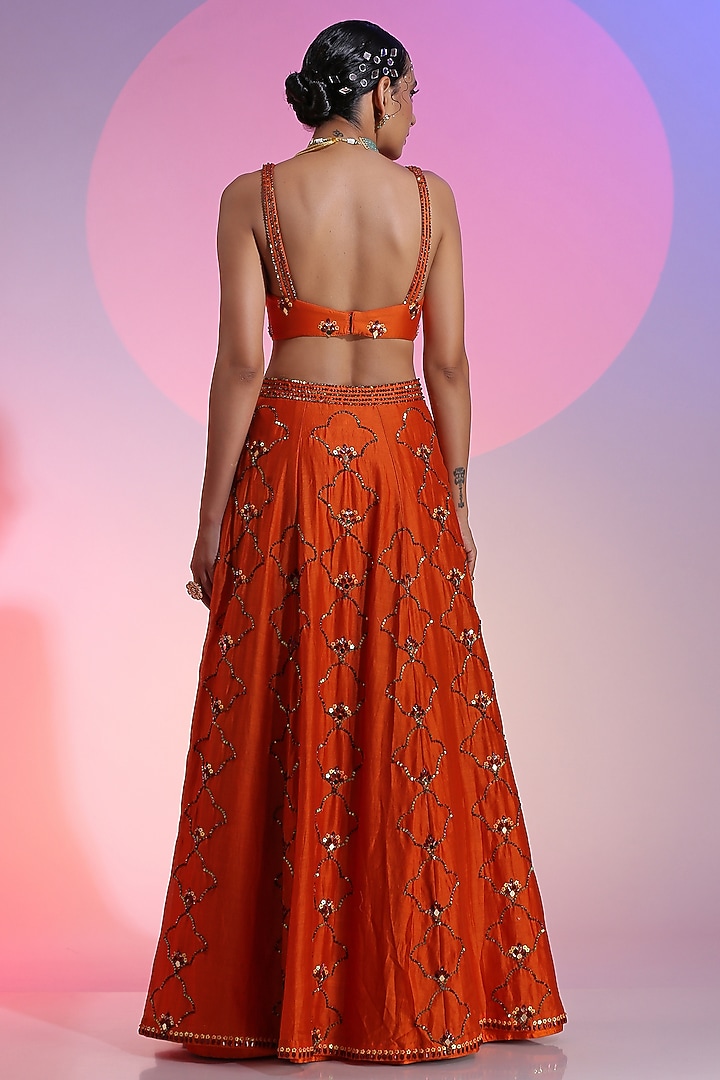 Orange Pure Chanderi Embroidered Wedding Lehenga Set by Kudi Pataka ...