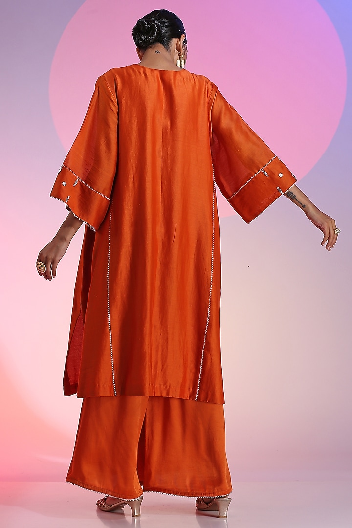 Rust Orange Pure Chanderi Embroidered Kurta Set by Kudi Pataka Designs ...