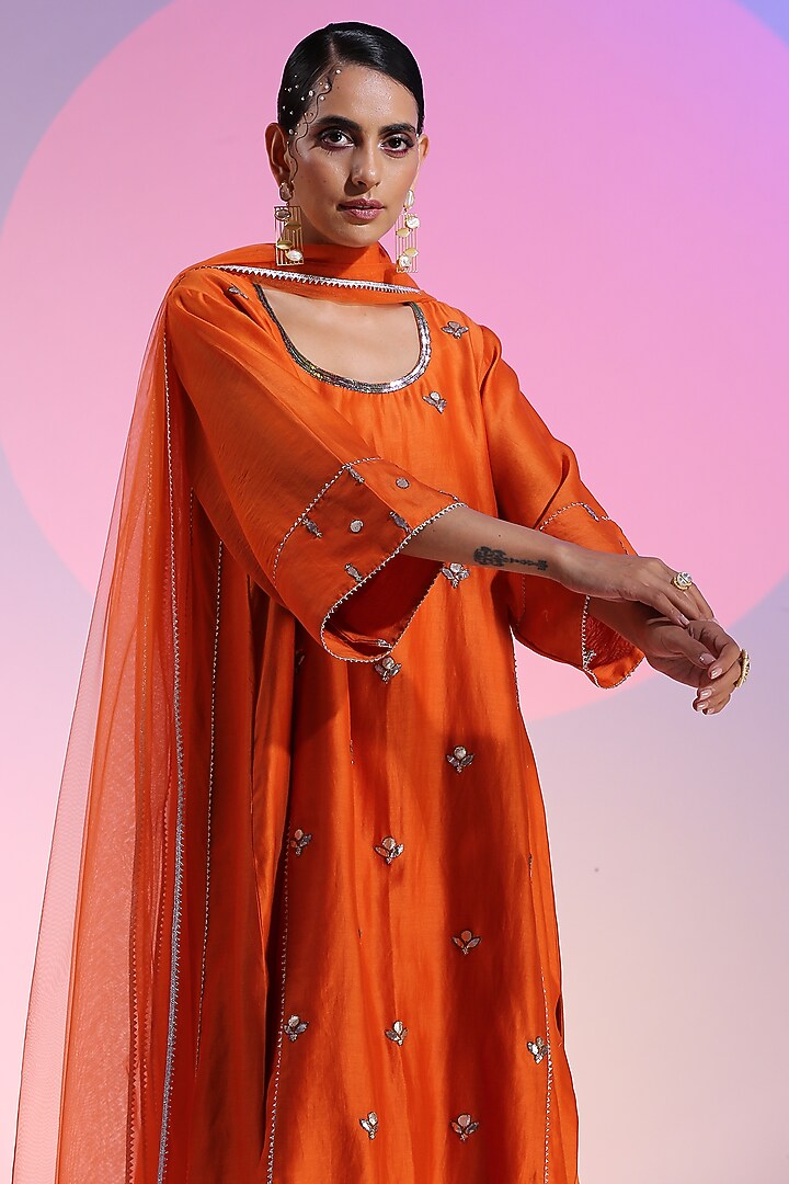 Rust Orange Pure Chanderi Embroidered Kurta Set by Kudi Pataka Designs ...