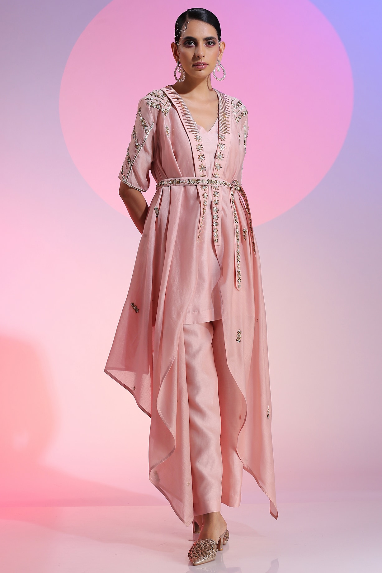 Soft Pink Pure Chanderi Embroidered Jacket Set by Kudi Pataka Designs ...