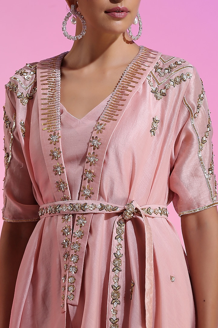Soft Pink Pure Chanderi Embroidered Jacket Set by Kudi Pataka Designs ...