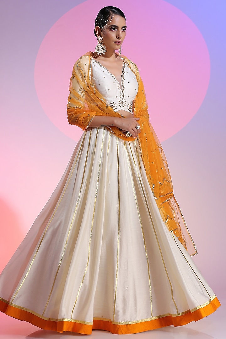 Ivory Pure Chanderi Embroidered Lehenga Set Design by Kudi Pataka ...