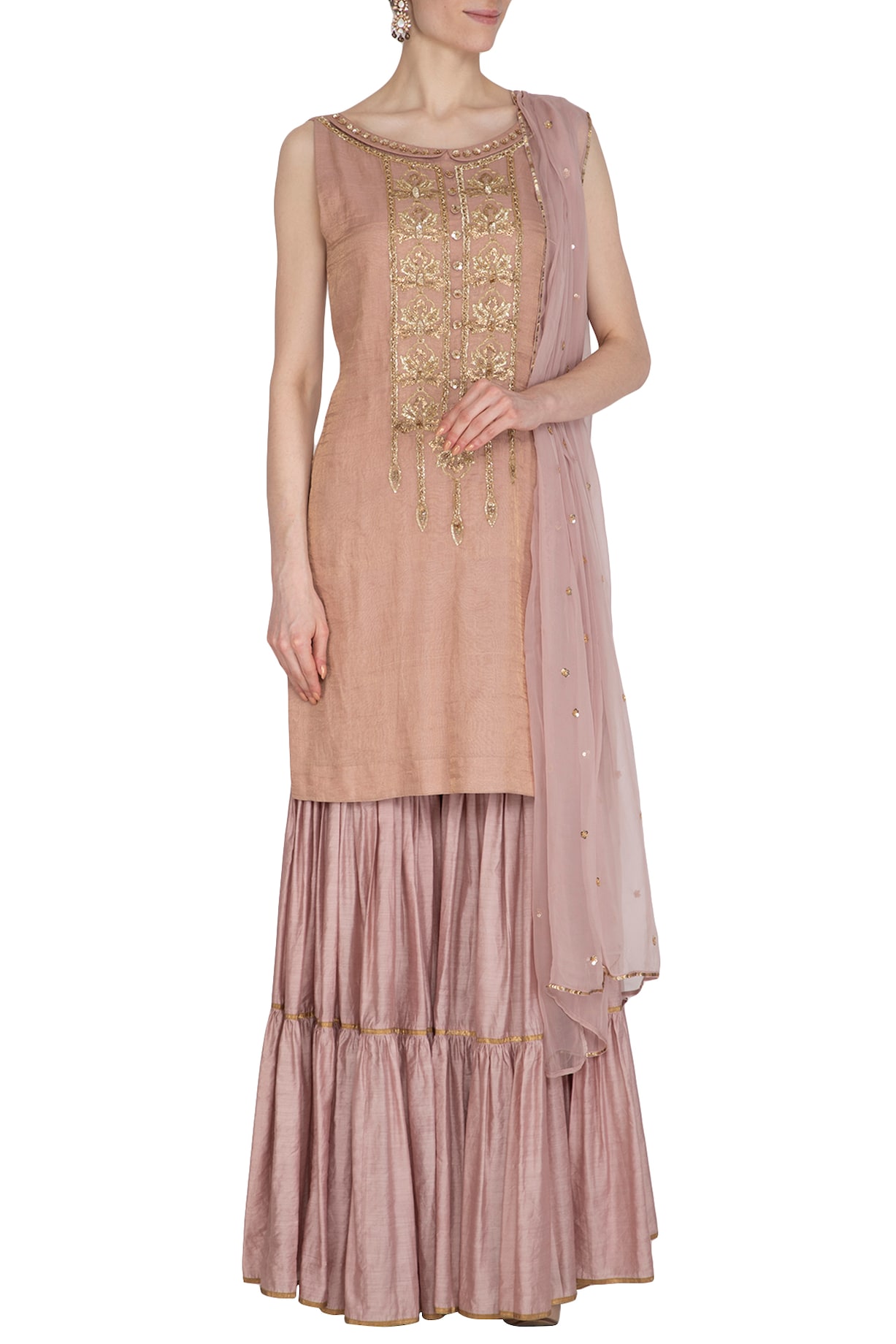 Soft Pink Hand Embroidered Tiered Sharara Set by Kudi Pataka Designs at ...