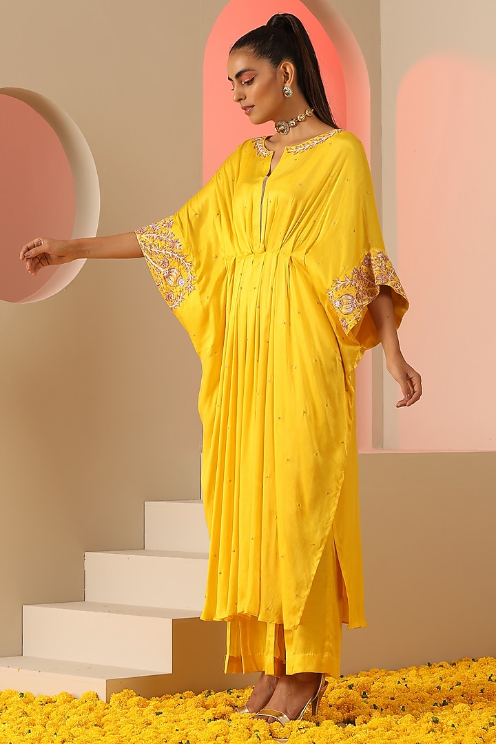 Yellow Gajji Silk Zardosi & Motifs Embroidered Kaftan Set by Kudi ...
