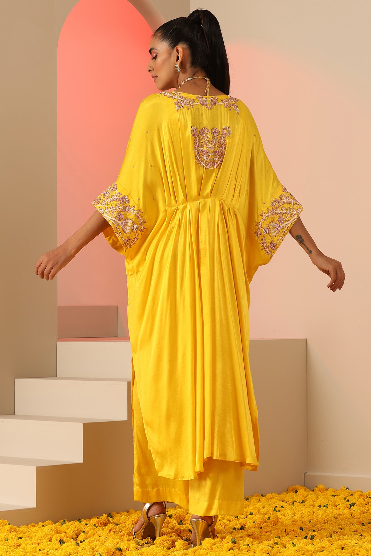 Yellow Gajji Silk Zardosi Embroidered Kaftan Set For Girls by Mini ...