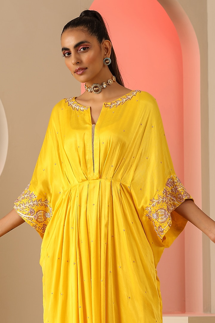 Yellow Gajji Silk Zardosi Embroidered Kaftan Set For Girls by Mini ...