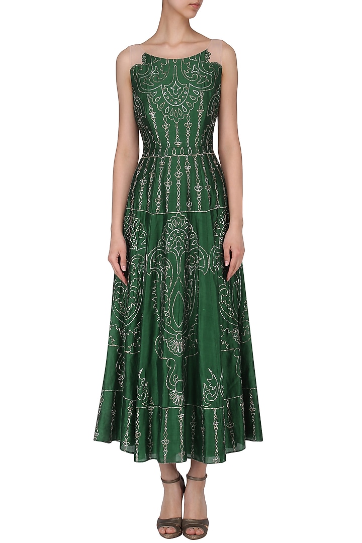 Dark Green Handwoven Chanderi Pitta Embroidered Gown For Girls by Mini ...