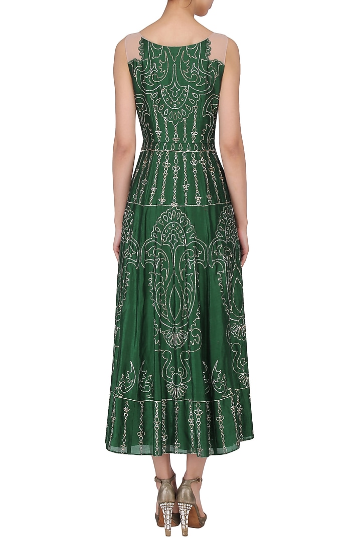 Dark Green Handwoven Chanderi Pitta Embroidered Gown For Girls Design ...