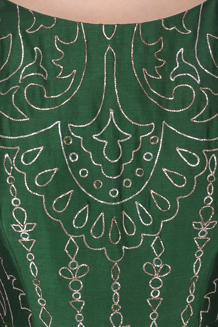 Dark Green Handwoven Chanderi Pitta Embroidered Gown For Girls by Mini ...