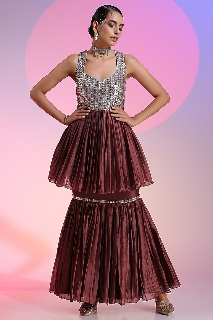 Brown Pure Chanderi Pleated Mermaid Skirt Set For Girls Design by Mini ...