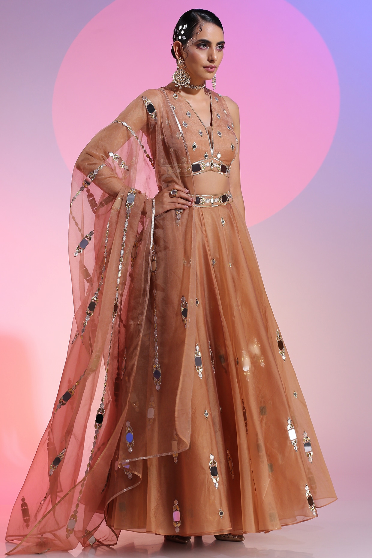 Mink Beige Organza Gota Embroidered Lehenga Set For Girls by Mini ...