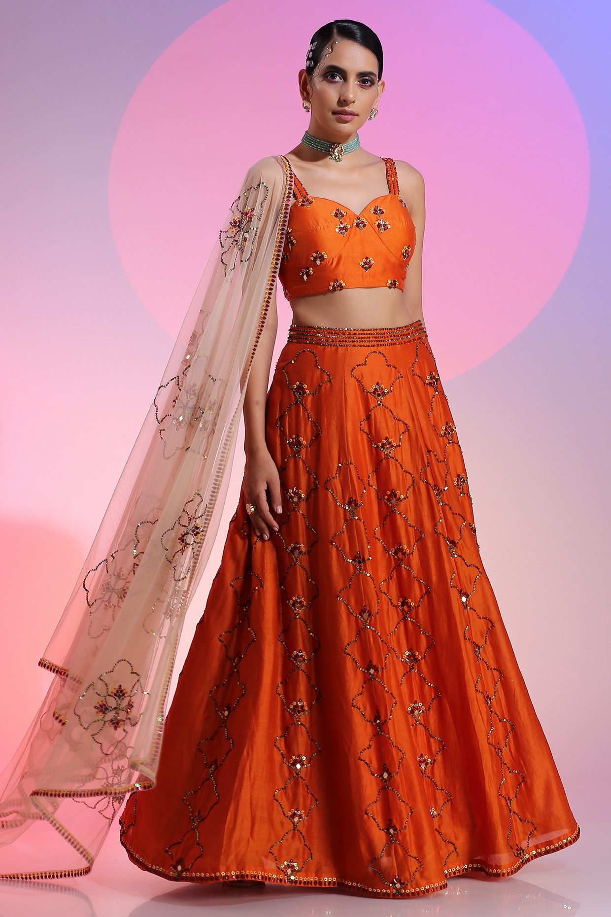 Orange Pure Chanderi Mirror Embroidered Lehenga Set For Girls by Mini ...
