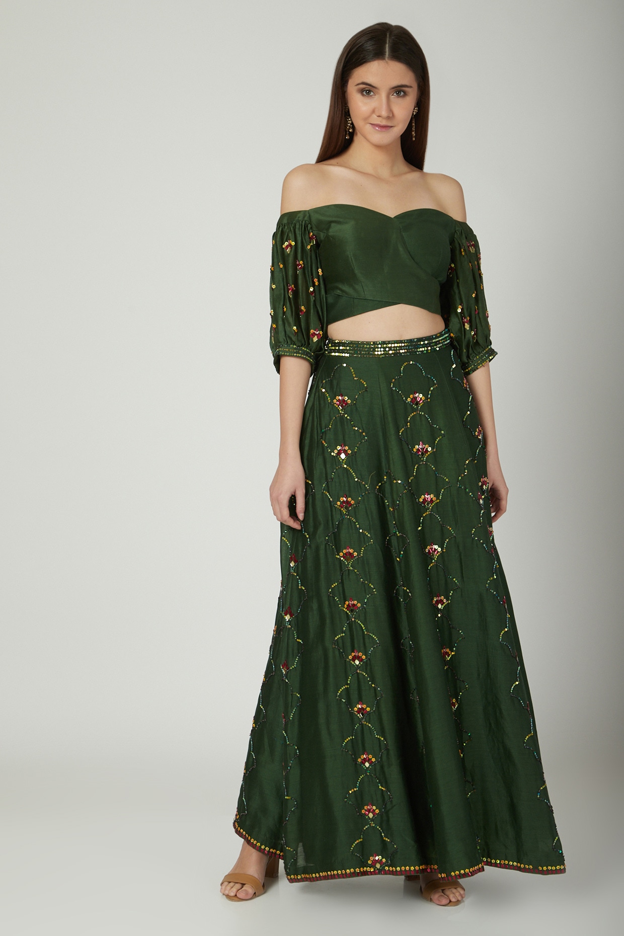 Green Handwoven Chanderi Sequins Embroidered Lehenga Set For Girls by ...