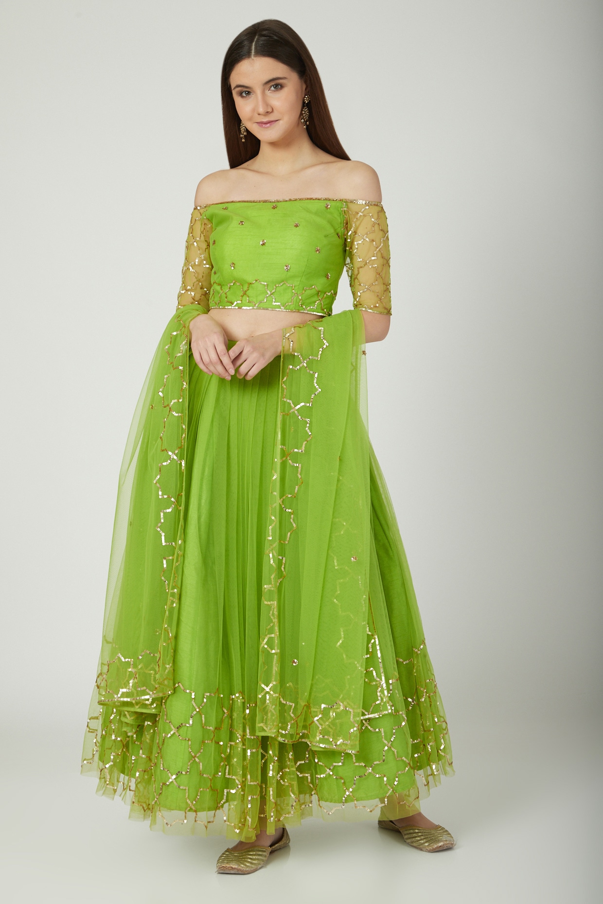 Lime Green Net Hand Embroidered Lehenga Set For Girls by Mini Pataka by ...
