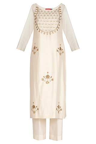 Ivory Handwoven Chanderi Zari & Pitta Hand Embroidered Kurta Set For ...