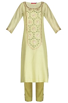 Yellow Green Handwoven Chanderi Zari & Cutdana Hand Embroidered Kurta ...