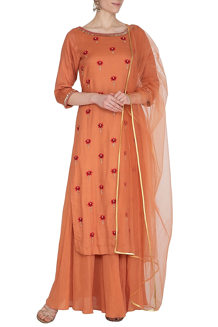 Rust Modal Resham Hand Embroidered Kurta Set For Girls Design by Mini ...
