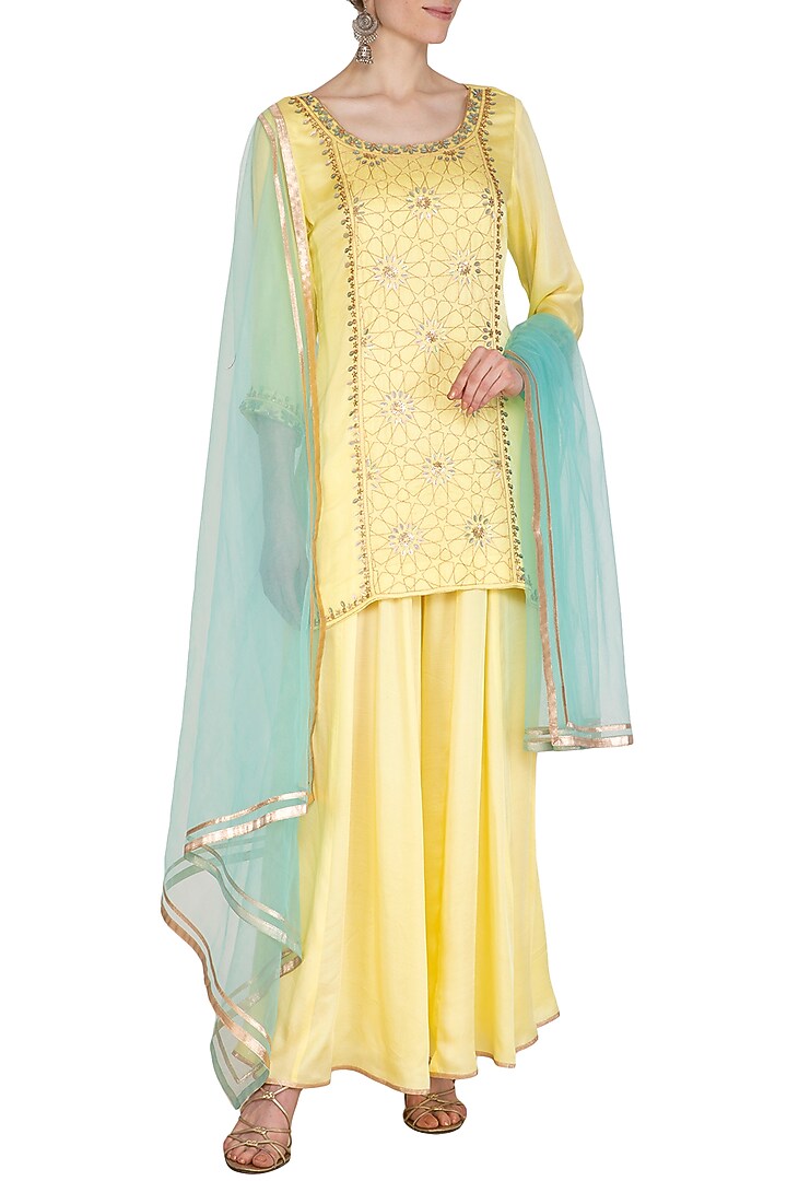 Lemon Yellow Satin Modal Sharara Set For Girls Design by Mini Pataka by ...