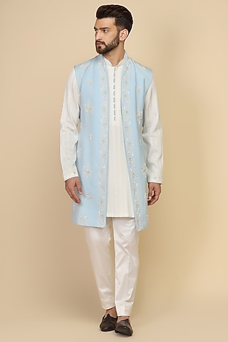 Powder Blue Poly Crepe Bead Embroidered Shrug Set by Kushal's Men at ...