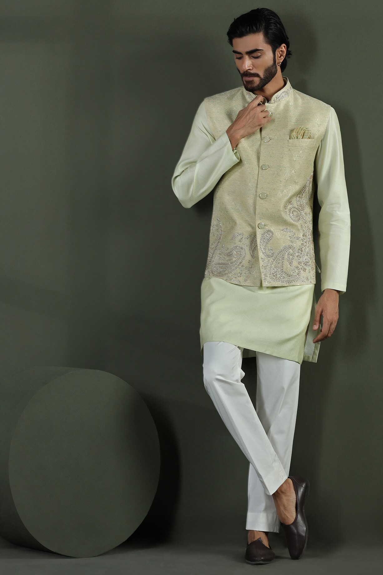 Tea Green Jacquard Hand & Machine Embroidered Nehru Jacket Set by ...
