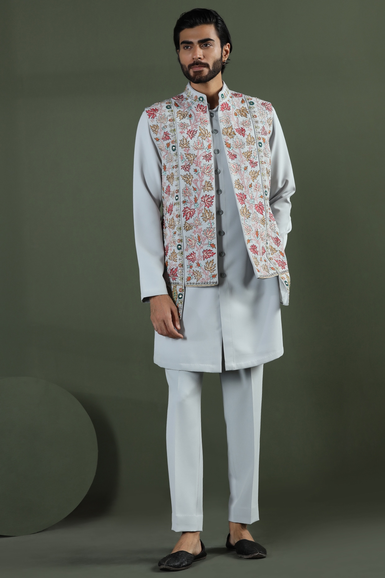 Ocean Grey Poly Crepe Kashmiri Embroidered Open Jacket Set by Kushal's ...