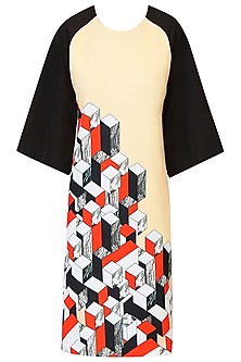 Yellowish beige 3D cube print shift dress available only at Pernia's ...