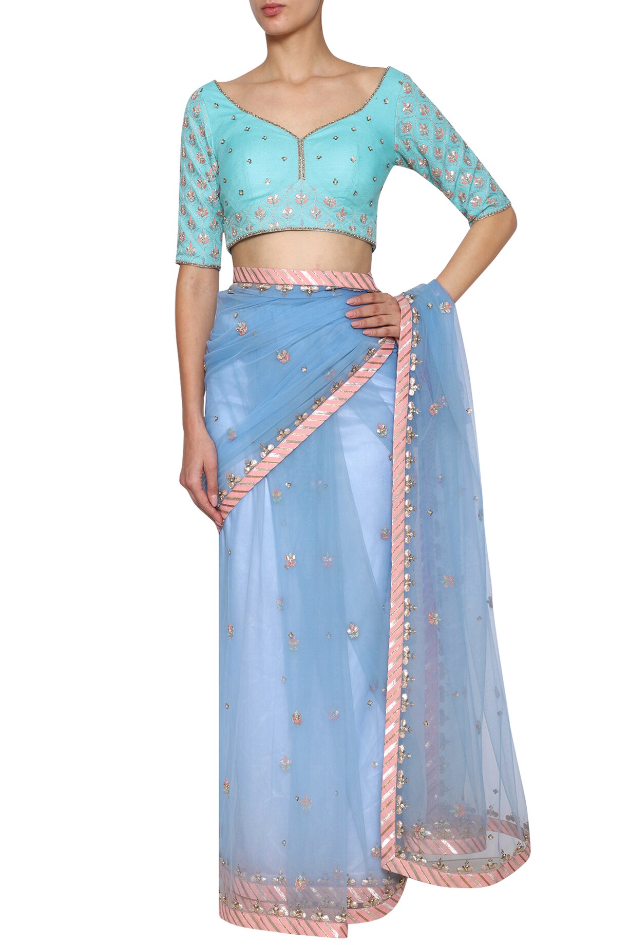 Periwinkle blue embroidered saree set available only at Pernia's Pop Up ...