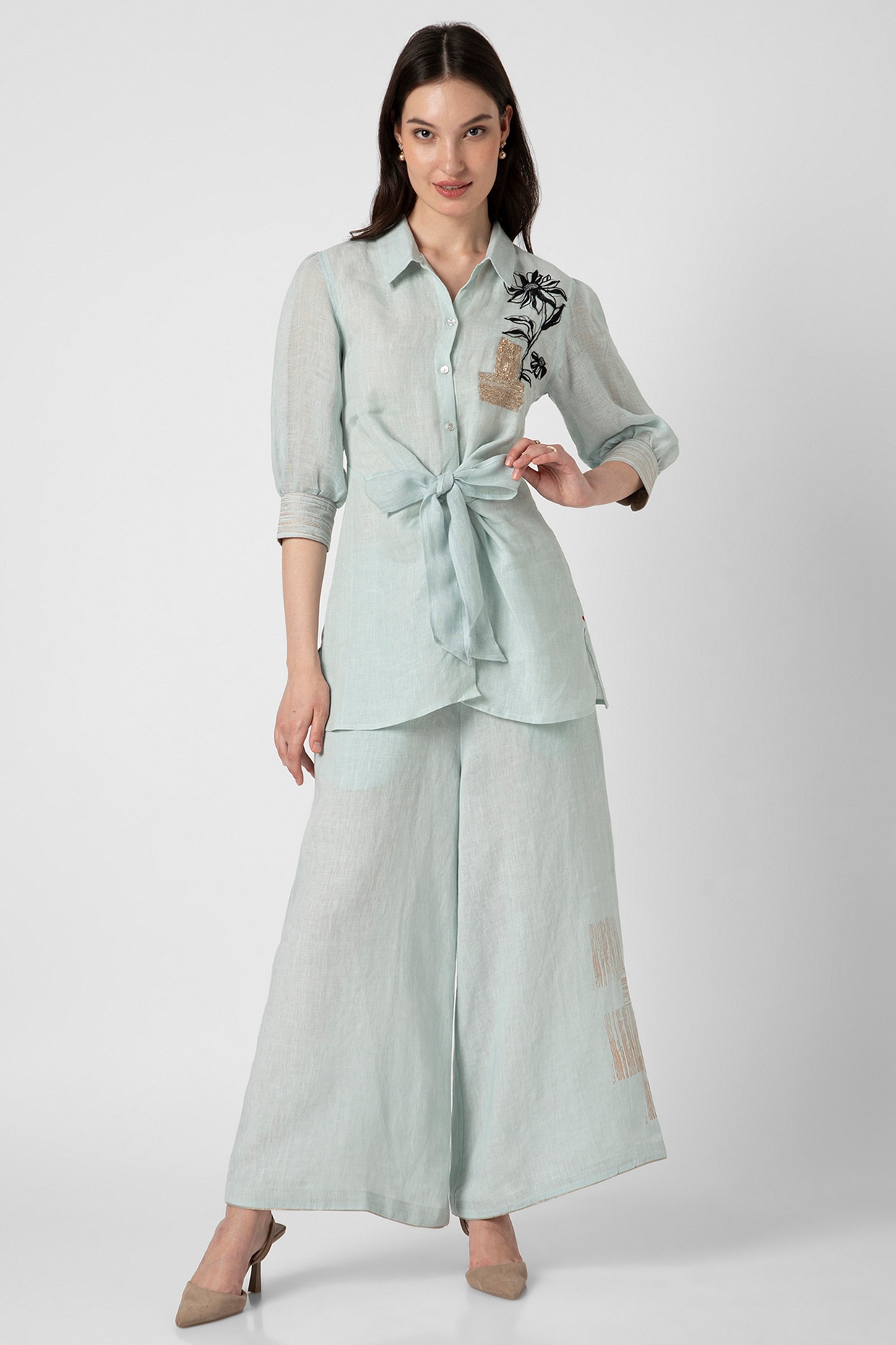 Ice Blue Linen Hand Screen Printed & Thread Embroidered Co-Ord Set by ...