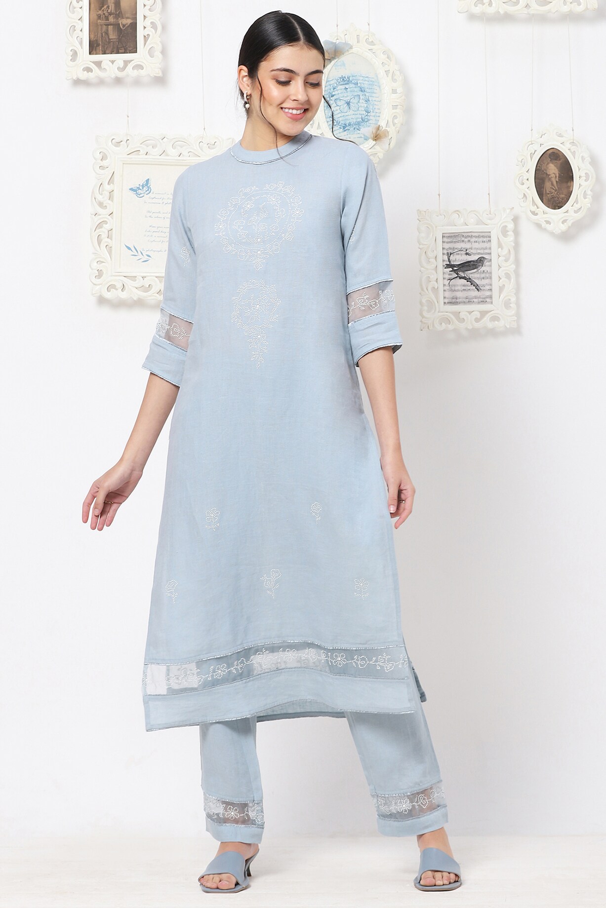 Ice Blue Linen Pants Design by Kaveri at Pernia's Pop Up Shop 2024