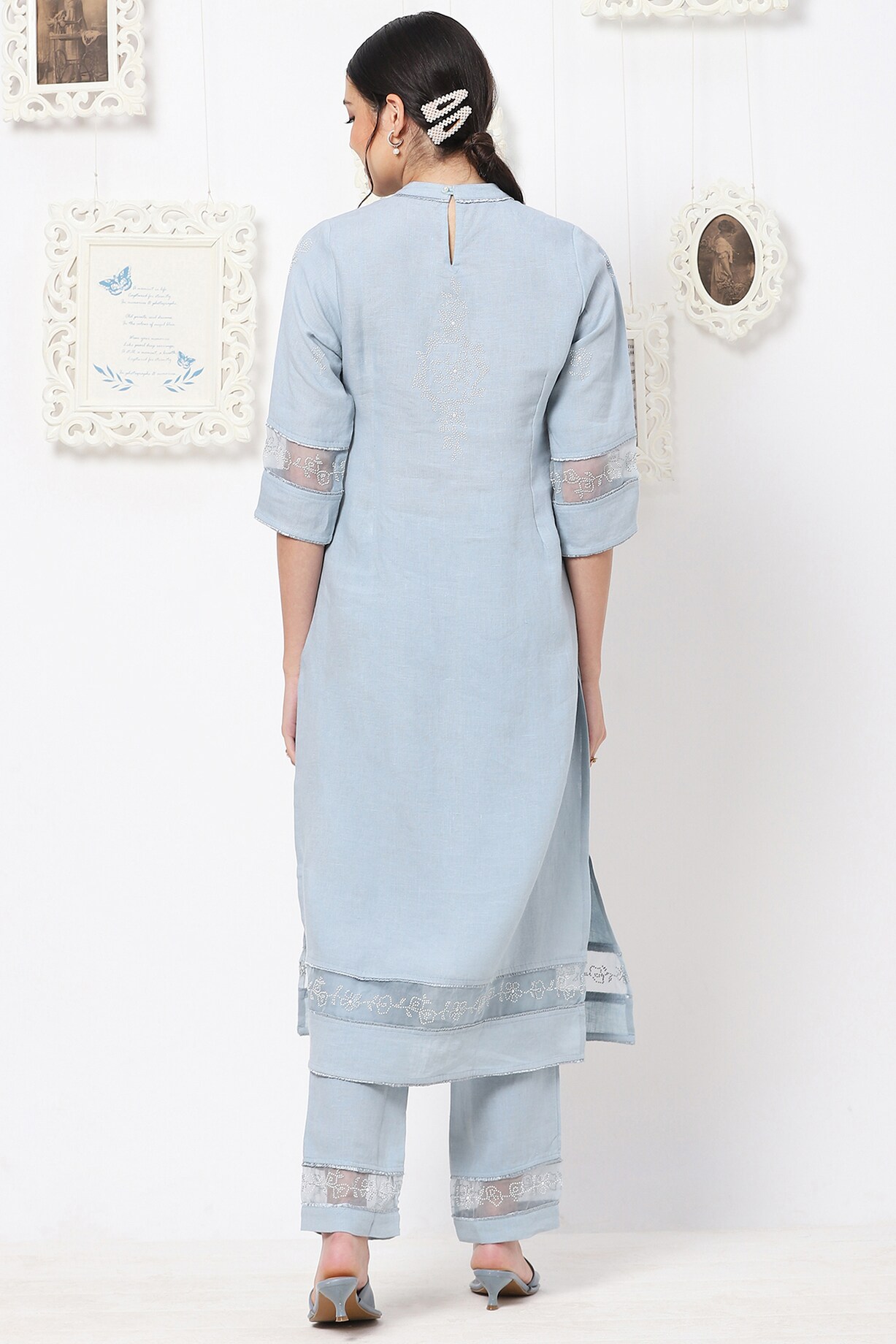 Ice Blue Linen Pants Design by Kaveri at Pernia's Pop Up Shop 2024