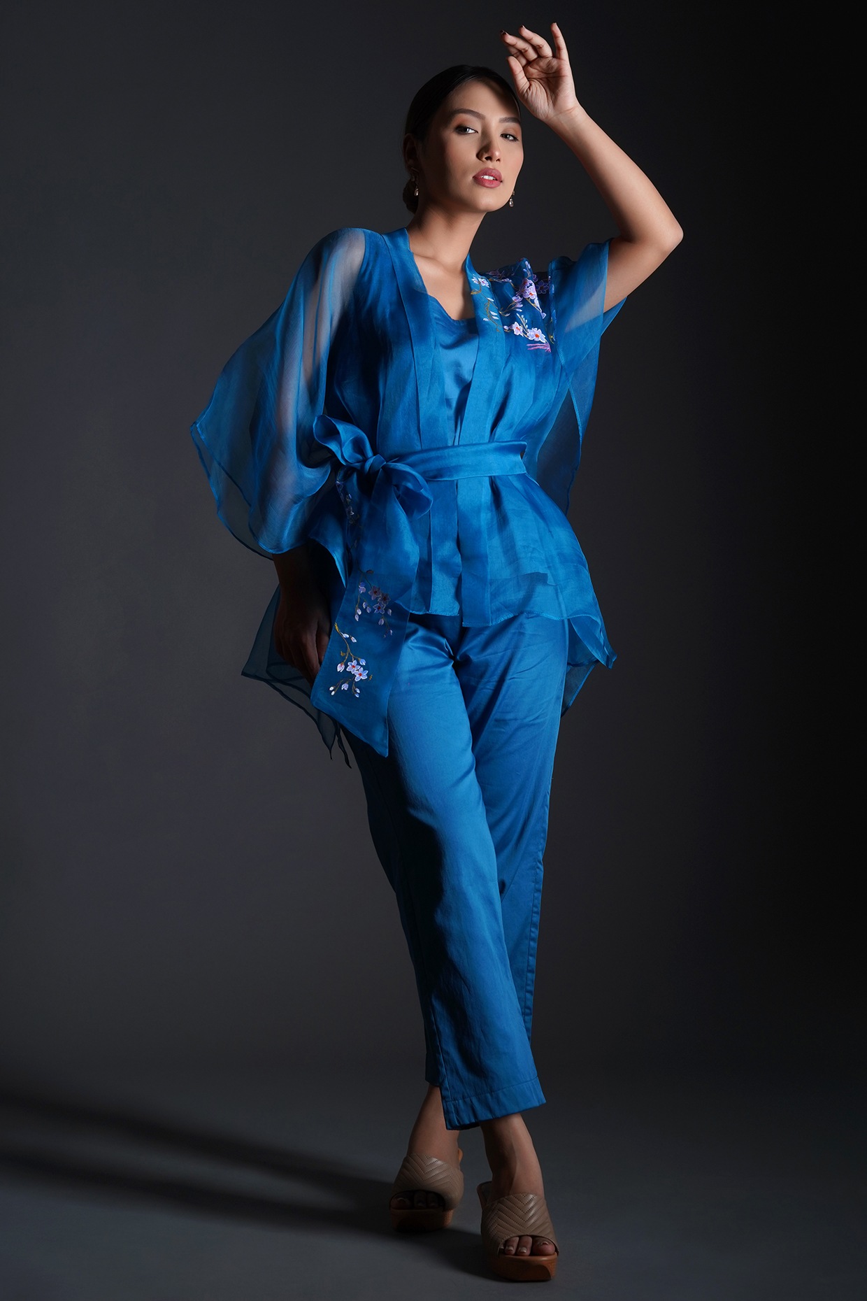 Blue Silk Organza Floral Hand Painted Co-Ord Set by Kyra By Nina ...