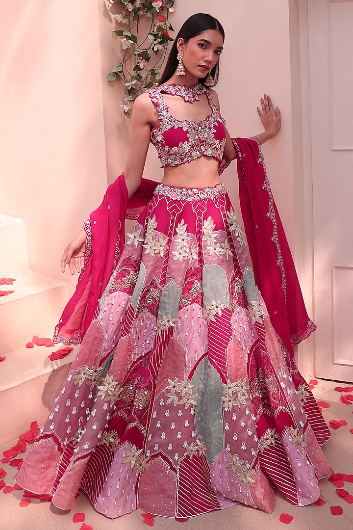Vermillion Pink Organza Mirror Work Wedding Lehenga Set by Label Astha ...
