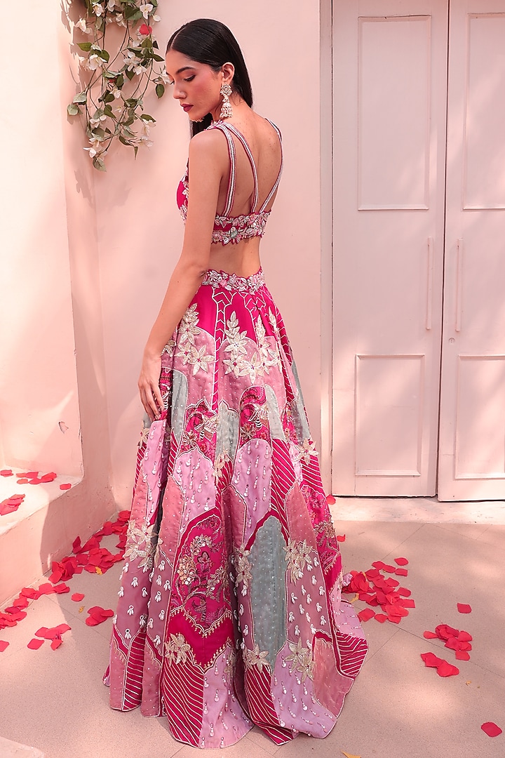 Vermillion Pink Organza Mirror Work Wedding Lehenga Set by Label Astha ...