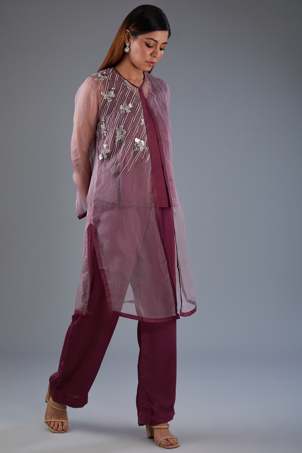 lavender Silk Organza Moti Embroidered Jacket Set by Label Manasi at ...