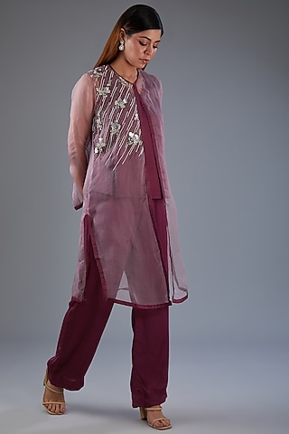lavender Silk Organza Moti Embroidered Jacket Set by Label Manasi at ...