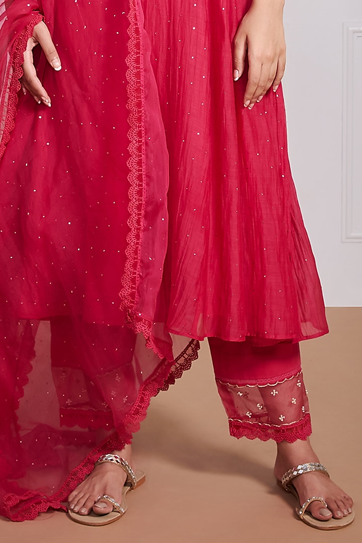 Ruby Red Malai Chanderi Hand Embroidered Kurta Set by Label Mansi ...