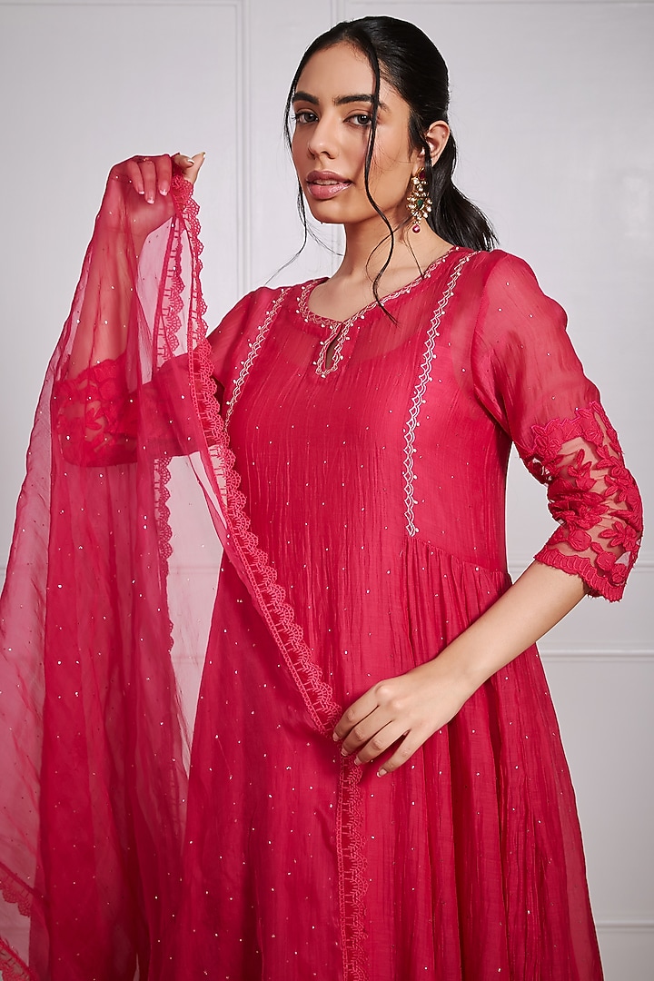 Ruby Red Malai Chanderi Hand Embroidered Kurta Set by Label Mansi ...