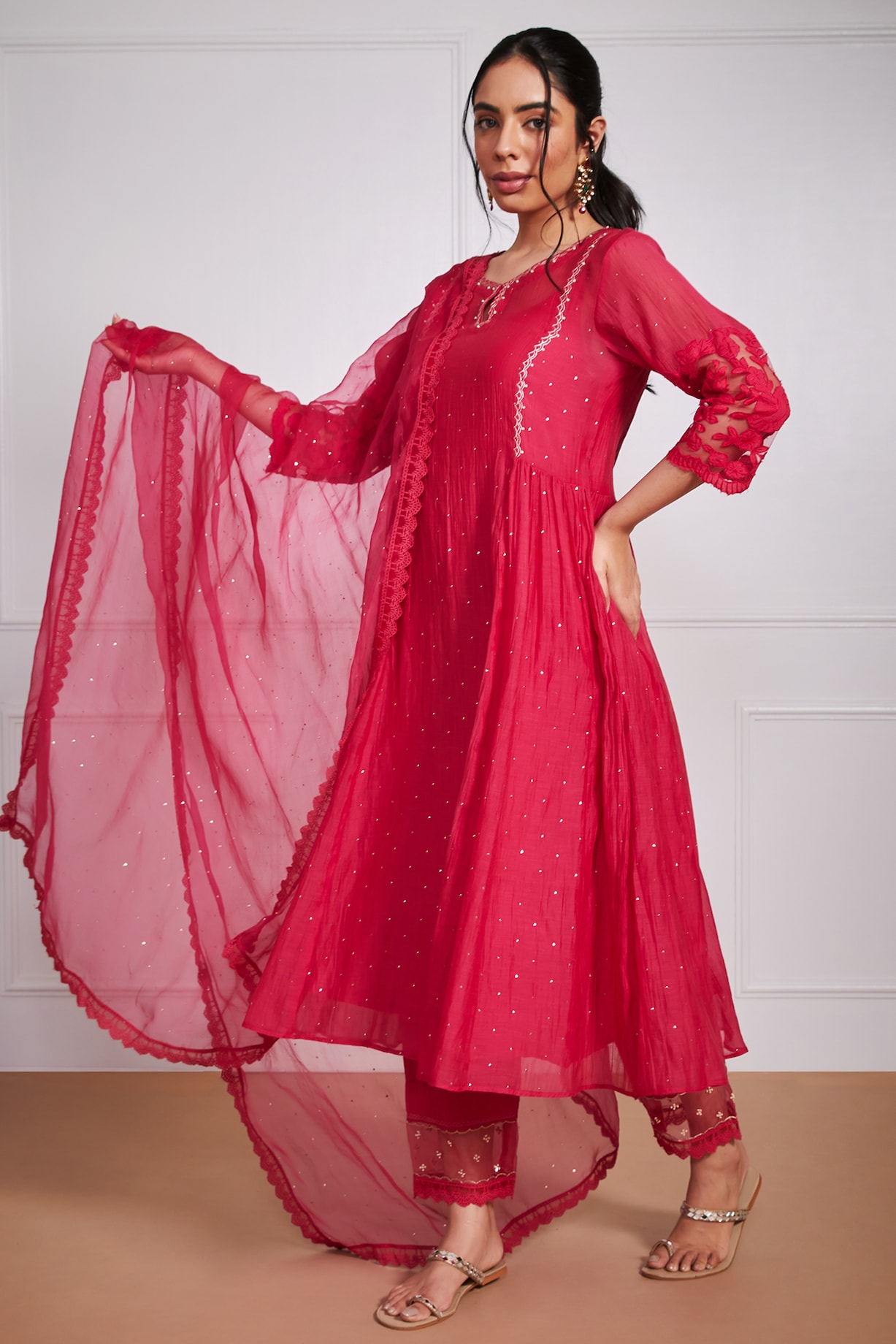 Ruby Red Malai Chanderi Hand Embroidered Kurta Set by Label Mansi ...