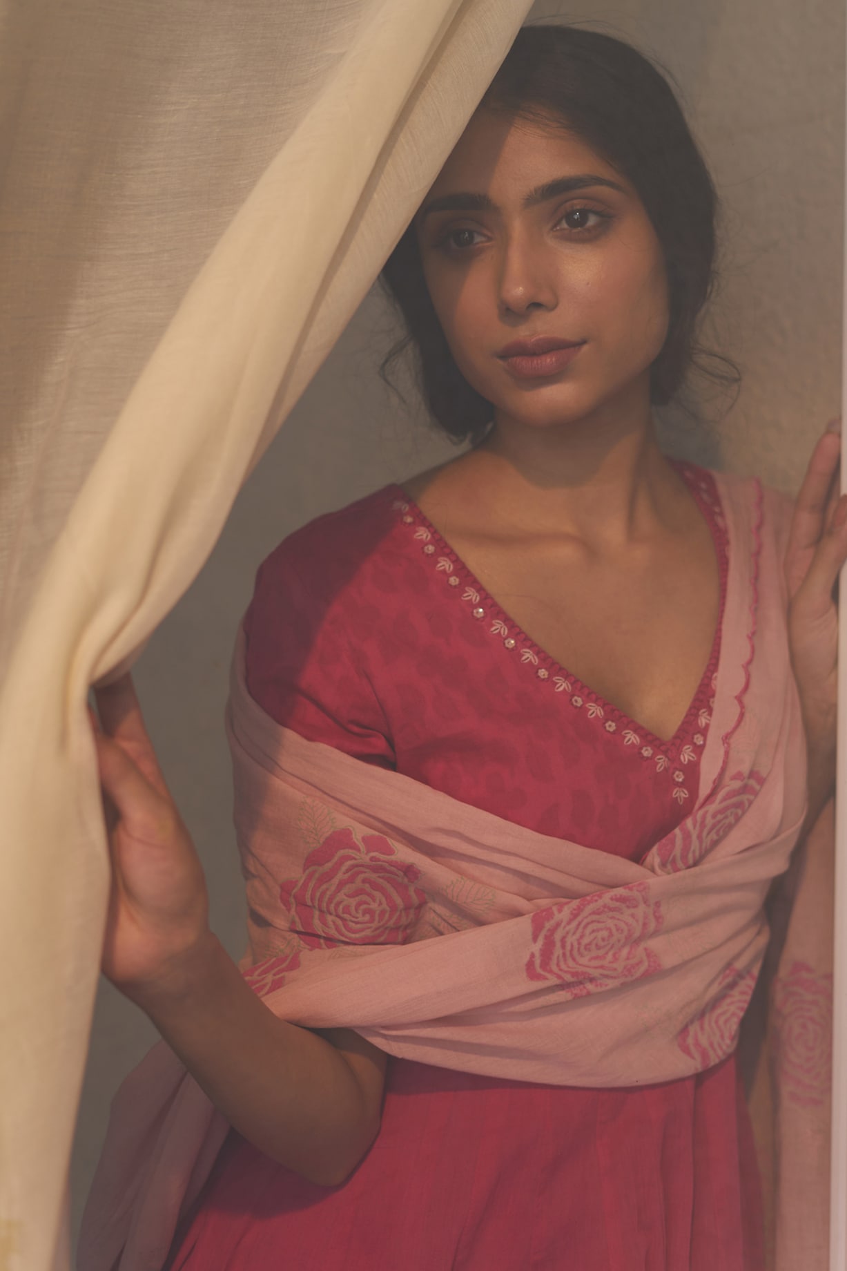 Ruby Pink Cotton Hand Embroidered Anarkali Set by Label Mansi Nagdev at ...