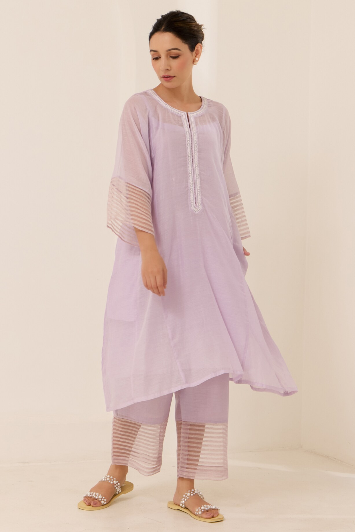 Lavender Malai Chanderi Thread & Pearl Work A-line Kurta Set by Label ...
